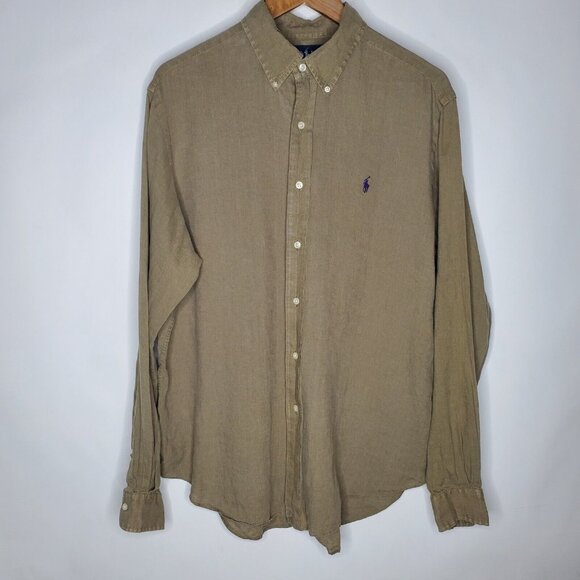 Lauren Ralph Lauren | Shirts | Ralph Lauren Mens Green Linen Button Up Shirt Size L Purple Pony ...